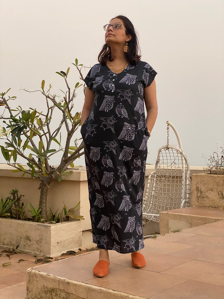 Owling Away in Black "My Mojo" Lounge Dress | Soft Jersey Knit Organic ...