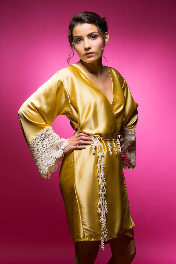 Gold Satin Robe with Ivory Lace Accented Cuffs | Laughing Cherries