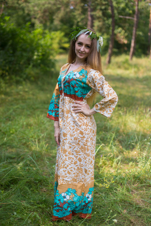 off white peach Button Me Down Style Caftan in Falling Leaves Pattern ...